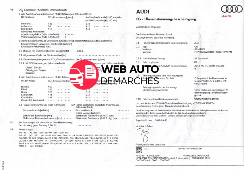 Certificat De Conformité Audi RS4 (COC Audi) Officiel | WebAutoDemarches